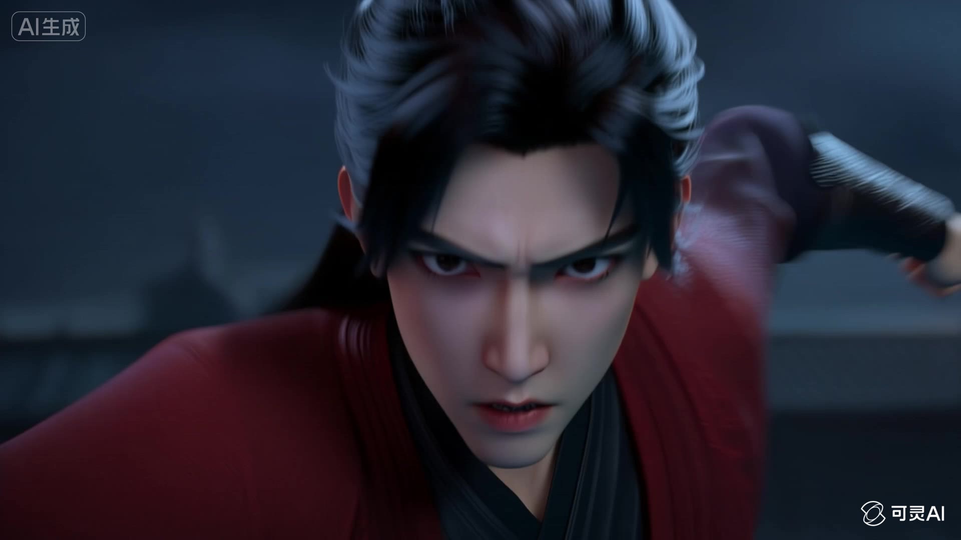 刺客动作特效展示：刀光火花炸开，红色杀气光晕 | AI Video